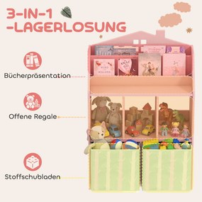 Dětský regál Dětský regál se 2 látkovými zásuvkami otevřený Regál pro 3-8 let 62,5x30x91,5 cm Růžový