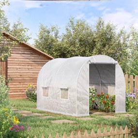 Skleník pochodový tůnel Outsunny 6 m² 3D x 2Š x 1.9V m, Zpevněná pozinkovaná ocel průměr 2.4 cm + Okna z vysokohustotního PE, Bílý