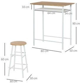 HOMCOM barový set 3-dílný jídelní stůl se 2 barovými židlemi jídelní skupina kuchyňský stůl a židle barový stůl a barové židle s odkládací policí MDF…