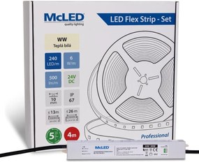 McLED LED pásek - sada 4 m, 240 LED/m, WW, 6 W/m, DC 24V, 500 lm/m, CRI90, IP67, 10 mm, vodič 3 m ML-126.034.90.S04001