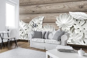 Fototapeta - Alabastrově bílé květiny na dřevěných prken (254x184 cm)