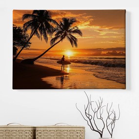 Obraz na plátně - Surfař pod palmami při západu slunce FeelHappy.cz Velikost obrazu: 150 x 100 cm