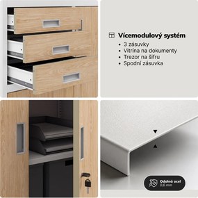 Kovová kancelářská skříň se sejfem bílá, dub sonoma, 900x1850x400 mm: FILIP II Eco Design