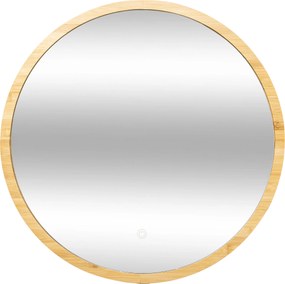 Koupelnové zrcadlo s LED podsvícením, bambusový rám, Ø 57 cm