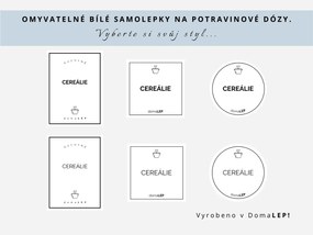 CEREÁLIE - omyvatelná samolepka na dózu, výběr rozměrů Ø 5 cm / 5 x 5 cm / 6 x 8 cm | DomaLEP tvar: KOLEČKO, barva: BÍLÁ - ČERNÉ písmo, velikost: Ø 5 cm - tučné písmo