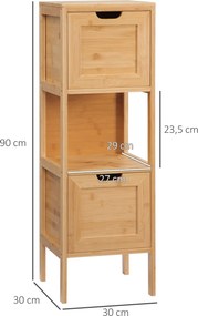 Kleankin volně stojící koupelnová skříňka se skříňkami a bambusovými nohami, 2 odnímatelné zásuvky a 1 police - přírodní design - 30 x 30 x 90 cm | Ao