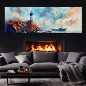 Obraz na plátně - Starý maják a rybářský člun FeelHappy.cz Velikost obrazu: 60 x 20 cm