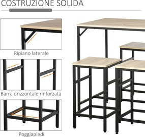 HOMCOM Moderní jídelní stůl, vysoký stůl se 4 průmyslovými židlemi, kov a dřevo, moderní nábytek, obývací pokoj a kuchyň, 100Lx60Wx88H cm, světlý dub