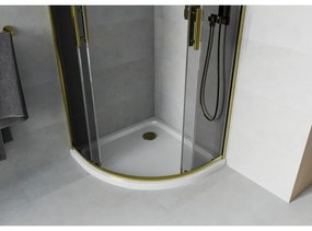 Mexen Rio, čtvrtkruhový sprchový kout s posuvnými dveřmi 80 (dveře) x 80 (dveře) x 190 cm, 5mm šedé sklo, zlatý profil + bílá sprchová vanička SLIM, 863-080-080-50-40-4110G