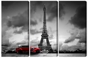 Vícedílný obraz Černobílý Pohled Na Eiffelovu Věž A Retro Auto Nedostatek Nedostatek Přírodní plátno 180x120