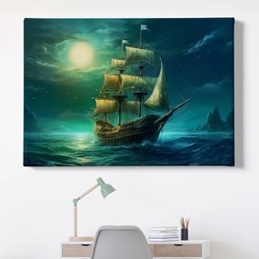 Obraz na plátně - Velká plachetnice na moři za úplňku FeelHappy.cz Velikost obrazu: 210 x 140 cm
