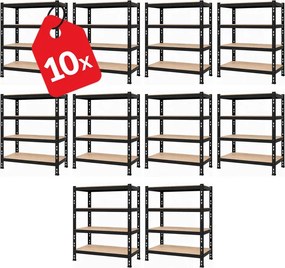 Akce 10x Regál 180x160x50 cm profesionální 4-policový, nosnost 1600 kg - černý