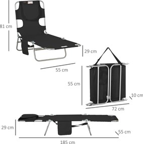 Zahradní lehátko, lehátko s polstrovaným otvorem na obličej, masážní lehátko pro venkovní použití, boční kapsa, látka, kov, černá barva