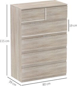 HOMCOM Komoda se 6 šuplíky s minimalistickým designem bez úchytek - 80 x 39 x 115 cm - Přírodní dřevo