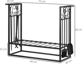 HOMCOM Stojan na palivové dřevo s krbovým nářadím 75 x 30 x 60 cm, černý ocelový stojan na palivové dřevo, skladování palivového dřeva a krbové nářadí