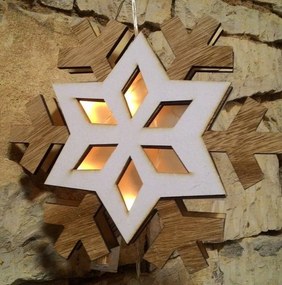 LED svítící dřevěná vločka 20 cm, teplá bílá, na baterie AAA, do interiéru