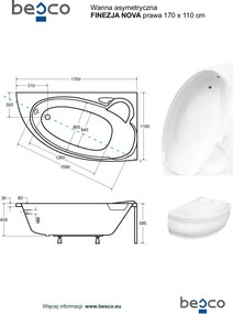 Besco FINEZJA NOVA 170 x 110 cm VANFINN170P vana bez nožiček pravá