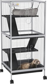 PawHut 4-patrová klec pro hlodavce na kolečkách se 2 dveřmi, 3 rampami, visící houpací sítí a odnímatelným podnosem pro činčily 52x52x113,5 cm Světlá…