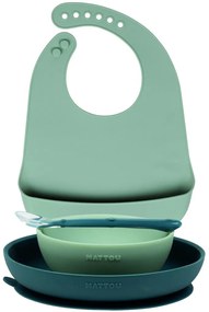 Nattou Set jídelní silikonový s bryndáčkem bez BPA 4 ks Zelená