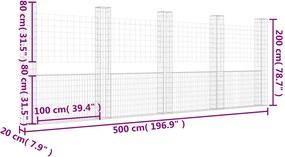 Gabionový koš ve tvaru U s 5 sloupky železo 500 x 20 x 200 cm 151292