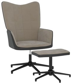 Relaxační křeslo se stoličkou světle šedé samet a PVC