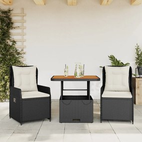 3dílný bistro set s poduškami černý polyratan 3262765