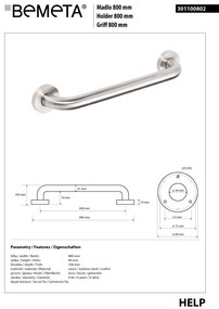 Bemeta Design HELP: Madlo, 800 mm, s krytkou, nerez, mat -