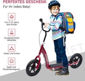 HOMCOM Dětská koloběžka Městská koloběžka Koloběžka 12 palců se zadní brzdou výškově nastavitelná z oceli EVA v červené barvě 120 x 52 x 80-88 cm pro…