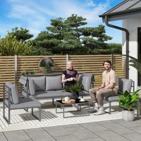 Outsunny venkovní nábytková sada, 3místná pohovka se stříškou, 2 židle, konferenční stolek se skleněnou deskou, 12 polštářů, ocelový rám, šedá