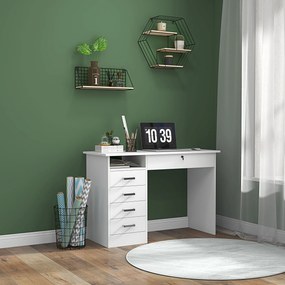 HOMCOM Moderní Počítačový Stůl s 5 Zásuvkami, Velká Deska, 1 Otevřený Úložný Prostor, Zámková Zásuvka, 110x50x76 cm, Bílý