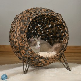PawHut ratanový pelíšek pro kočky s polštářem na vyvýšených nožkách pro kočky hnědý Ø52x58cm | Aosom