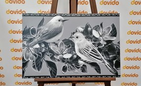 Obraz černobílé ptáčky a květiny ve vintage provedení - 60x40 cm