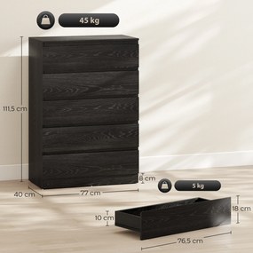HOMCOM komoda do ložnice s 5 zásuvkami, zásuvková skříň do obývacího pokoje, kanceláře, moderní design 77x40x111,5 cm, černě dřevěný