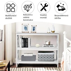 Costway Regál dřevěný se 3 policemi, bílý, 100 x 33 x 80 cm HW65762WH