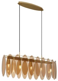 Závěsné svítidlo Art Deco zlaté s jantarovým sklem oválné 5-světelné - Mochan