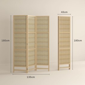 HOMCOM Paravent 3-dílný 135 x 180 cm Záclonový paravan z PP ratanu, skládací dělící stěna pro soukromí do obývacího pokoje přírodní