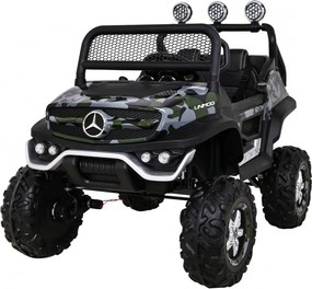 Ramiz Mercedes Benz Unimog elektrické autíčko pro děti maskáčové lakované + pohon 4x4 + dálkové ovládání + nosič zavazadel + pomalý start + MP3 + LED