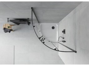 Mexen Rio, čtvrtkruhový sprchový kout s posuvnými dveřmi 90 x 90 cm, 5mm čiré sklo, černý profil + bílá sprchová vanička, 863-090-090-70-00-4110B
