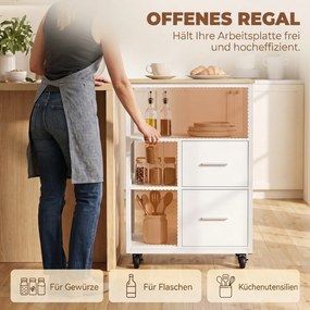 HOMCOM Kuchyňský vozík na kolečkách se 2 zásuvkami, otevřeným úložným prostorem a 2 zajištovacími kolečky, bílá