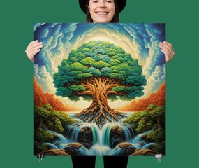 Plakát - Košatý strom života s vodopádem a mraky FeelHappy.cz Velikost plakátu: 100 x 100 cm