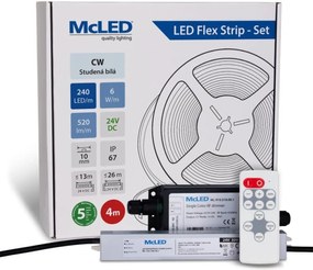 McLED LED pásek - sada 4 m + Přijímač Nano IP67, 240 LED/m, CW, 6 W/m, DC 24V, 520 lm/m, CRI90, IP67, 10 mm, vodič 3 m ML-126.032.90.S04002