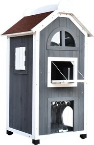 PawHut kočičí domeček pro kočky, pelíšek nebo záchůdek, univerzální skříňka pro kočky, jedlové dřevo, asfaltová střecha, šedá, 59x55x109cm