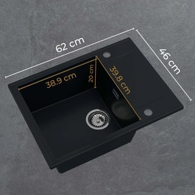 Sink Quality Sink55, kuchyňský granitový dřez 620x460x215 mm + grafitový sifon, černá se zlatými body, SKQ-SINK.L.1KKO.XB