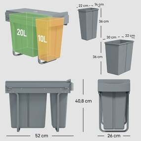 HOMCOM Vysunovací odpadkový koš, kuchyňský koš s 2 vyjímatelnými nádobami, rukojeť, 30 litrů (20 L + 10 L), kov, šedá