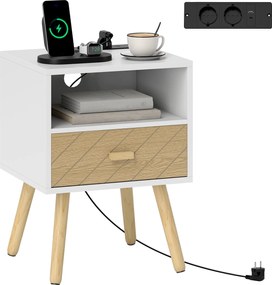 Noční stolek HOMCOM s nabíjecí stanicí, šuplíkem, 2 zásuvkami, USB a USB‑C, otevřená police, borovicové nohy, bílý | Aosom