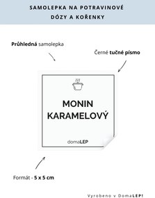 Samolepka na láhev MONIN KARAMELOVÝ 5 x 5 cm – průhledná vinylová, voděodolná, omyvatelná samolepka na dózy, tučné písmo