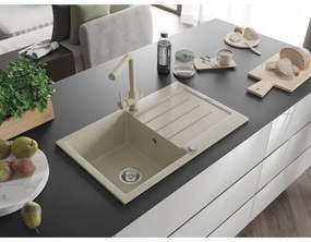 Mexen Bruno, 1-komorový granitový dřez s odkapávačem 795x495x200 mm a chromová baterie Duero, béžová, 6513-69-671600-69