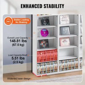 Skříň pro ukládání médií 9 vrstev Nastavitelné DVD police Pojme 756 CD Bílá