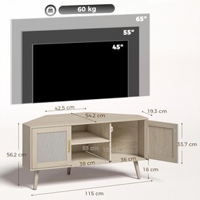 HOMCOM rohový televizní nábytek 115 cm, nábytek pod televizi pro televize až 65 palců, 2 ratanové dveře, 2 přihrádky, dub