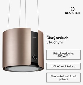 Klarstein Skyfall, digestoř, 45 cm, ostrůvková, 402 m³/h, LED, nerezová ocel, zlatá